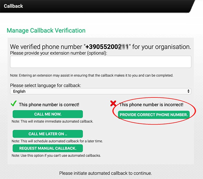 SSL de Sectigo: verificación telefónica certificada (devolución de llamada)