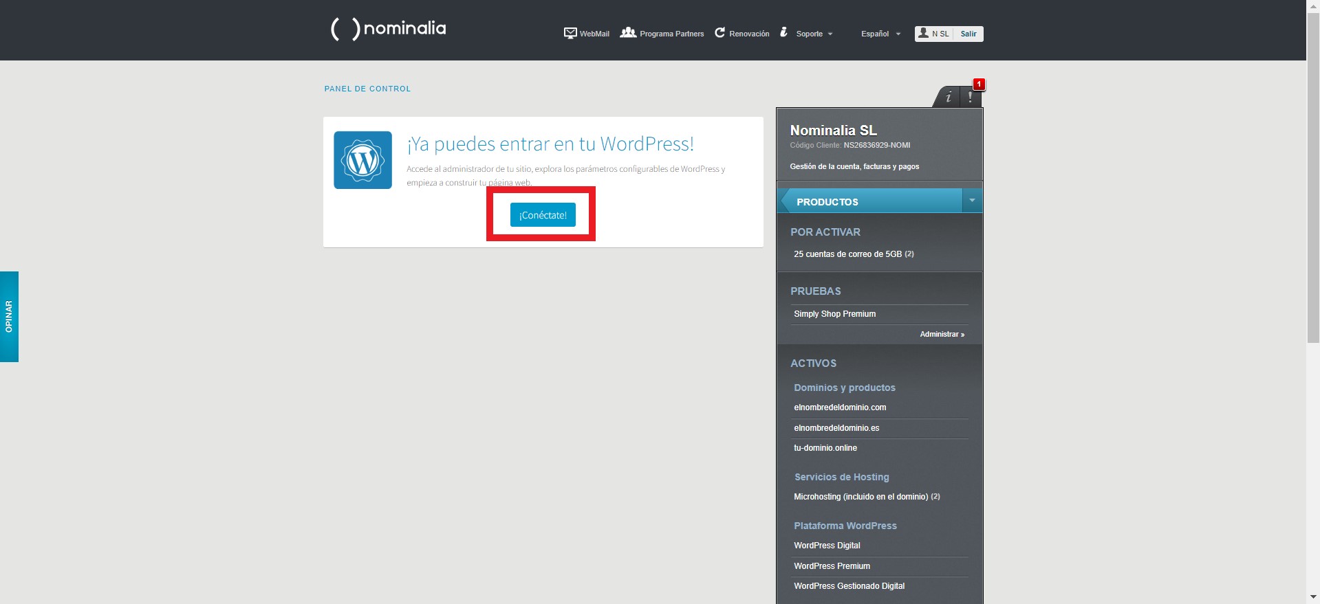 Cómo activar el Wordpress Gestionado de Nominalia